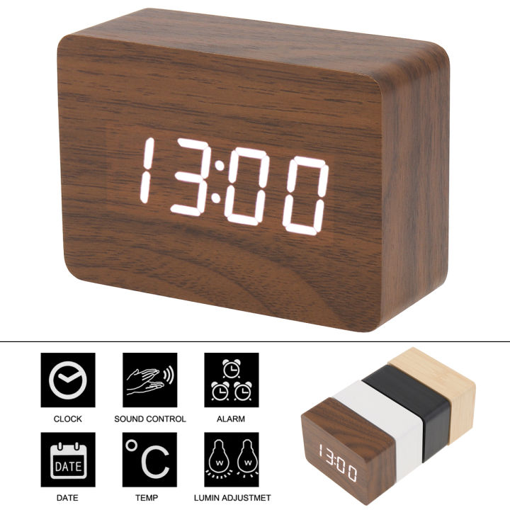 Multicolor Sound Control Wooden Wood Square LED Alarm Clock Table ...
