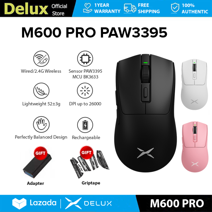 Delux M600 PRO แบบมีสายและเมาส์เล่นเกม DPI ไร้สายชาร์จได้สูงสุด26000 2.4G PAW3395ไร้สายน้ำหนัก ...