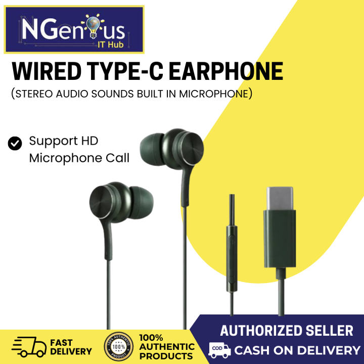 Wired Type-C Earphone Stereo Audio Sounds Built-In Microphone Type-C ...