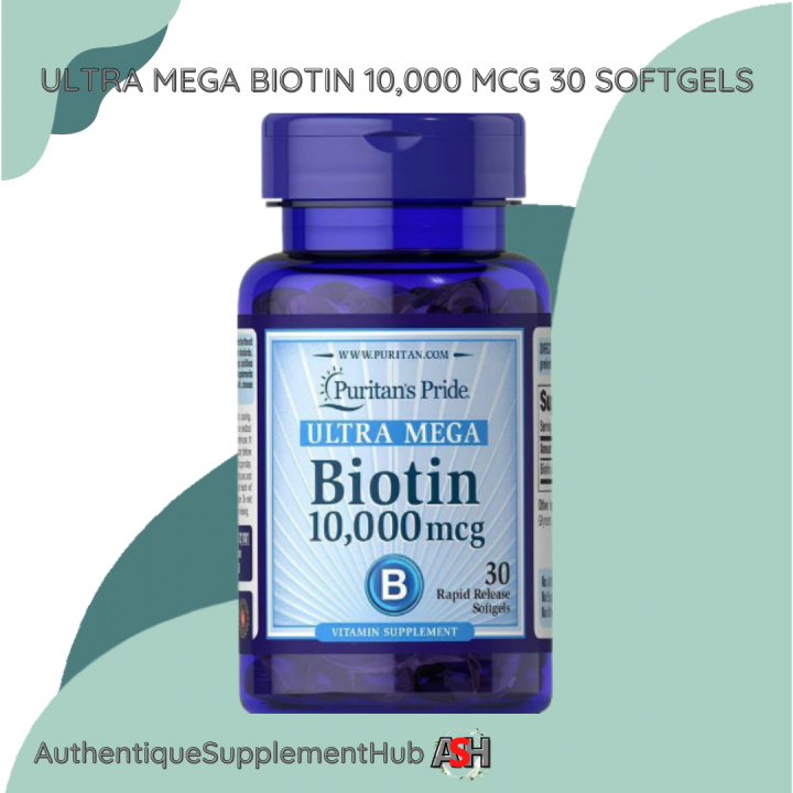 Puritan's Pride Ultra Mega Biotin 10000 mcg 30 or 100 softgels Supports Hair Skin and Nails ...