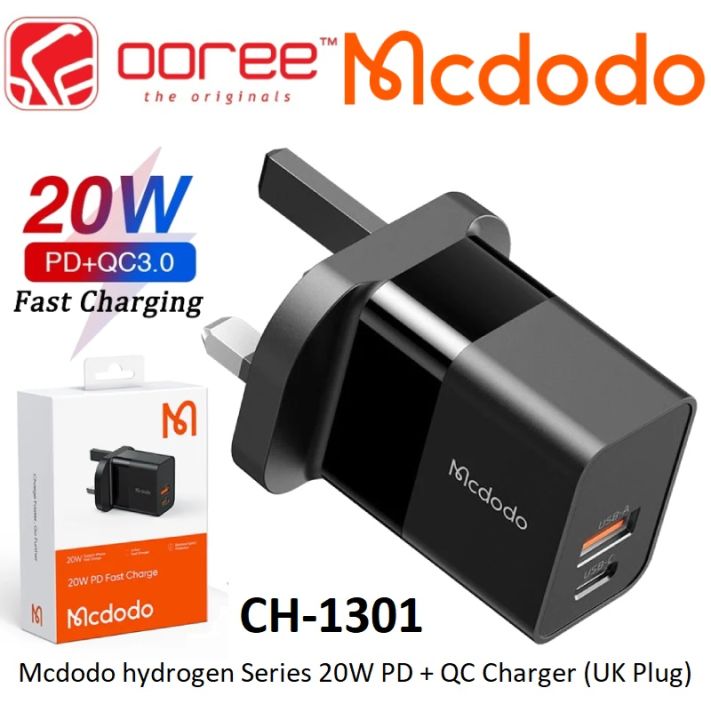 MCDODO CH130 HYDROGEN SERIES 20W PD + QC3.0 FAST CHARGING WALL CHARGER ...