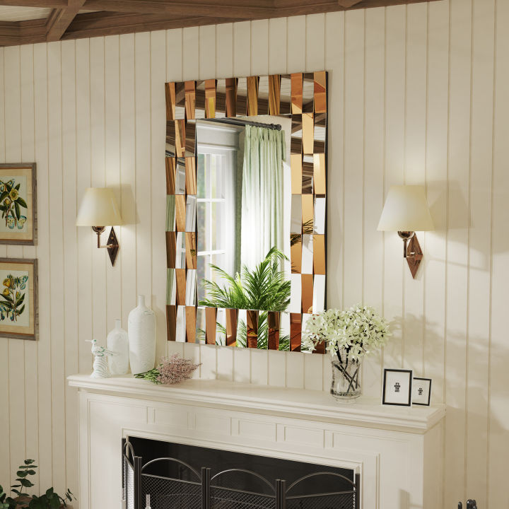 UNHO 90-120CM กระจก Beveled Glass Edge Rectangular Silver Wall Mirror ...