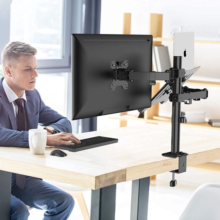 Dual Monitor Mount Bracket with Laptop Stand Tray Adjustable Arm ...
