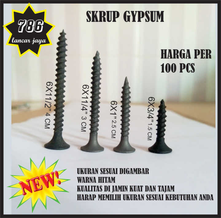 100 pcs sekrup gypsum ukuran 6x 3/4" 6x 1" 6x11/4" 6x11/2" sekrup hitam ...