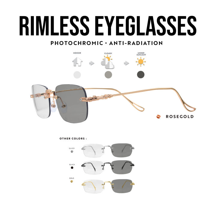 Photochromic Metal Rimless Style Anti-radiation Glasses for men and ...