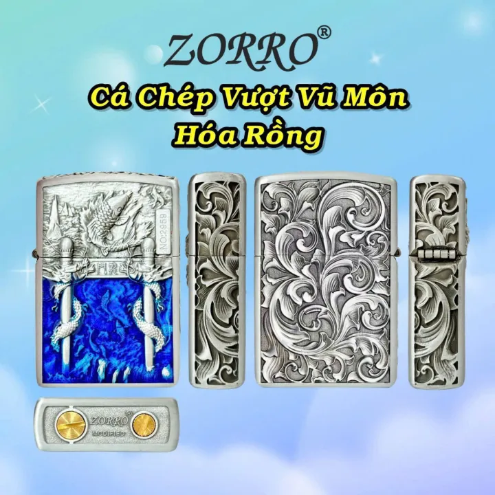 HỘP QUẸT BẬT LỬA ZIPPO ZORRO HÌNH CÁ CHÉP VƯỢT VŨ MÔN HÓA RỒNG DẬP NỔI 6 MẶT - TẶNG KÈM HỘP ...