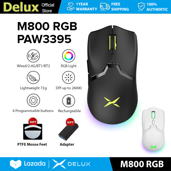 Delux M800 RGB Gaming Mouse PAW3395 26000DPI Wired 2.4G Bluetooth Wireless Rechargeable ...