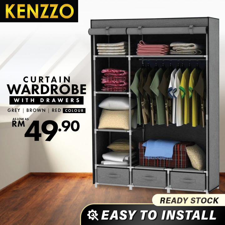 KENZZO: Curtain Wardrobe With Drawer Almari Baju Rak Baju Clothes ...