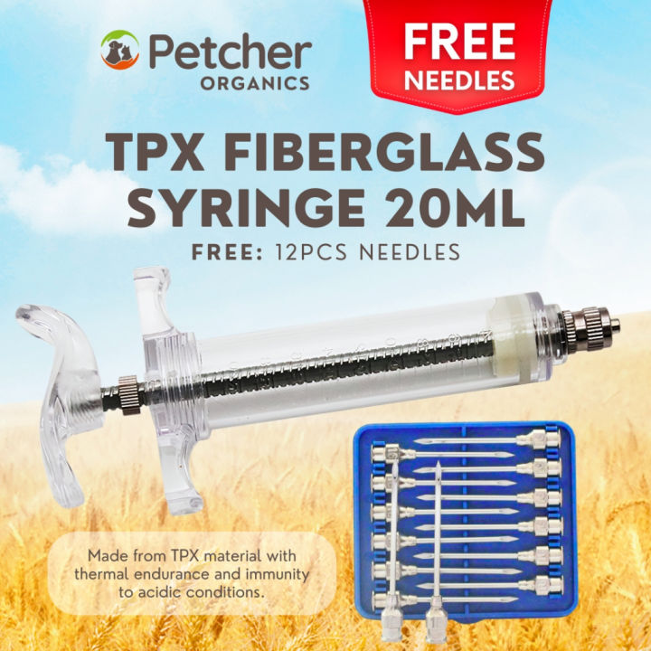 Petcher 20ml Fiberglass Syringe FREE 1 Dozen Needles Heavy Duty Hand ...