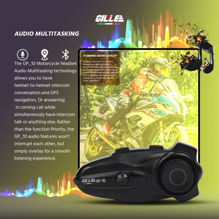 GILLE GP10 Mesh Motorcycle Intercom For Helmet Hi-FI Sound Bluetooth 5. ...