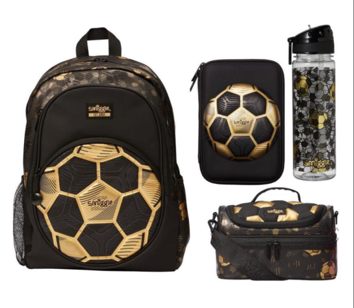 Smiggle Score Classic Backpack กระเป๋าเป้ ขวดน้ำ กล่องดินสอ ลายบอลทอง ...