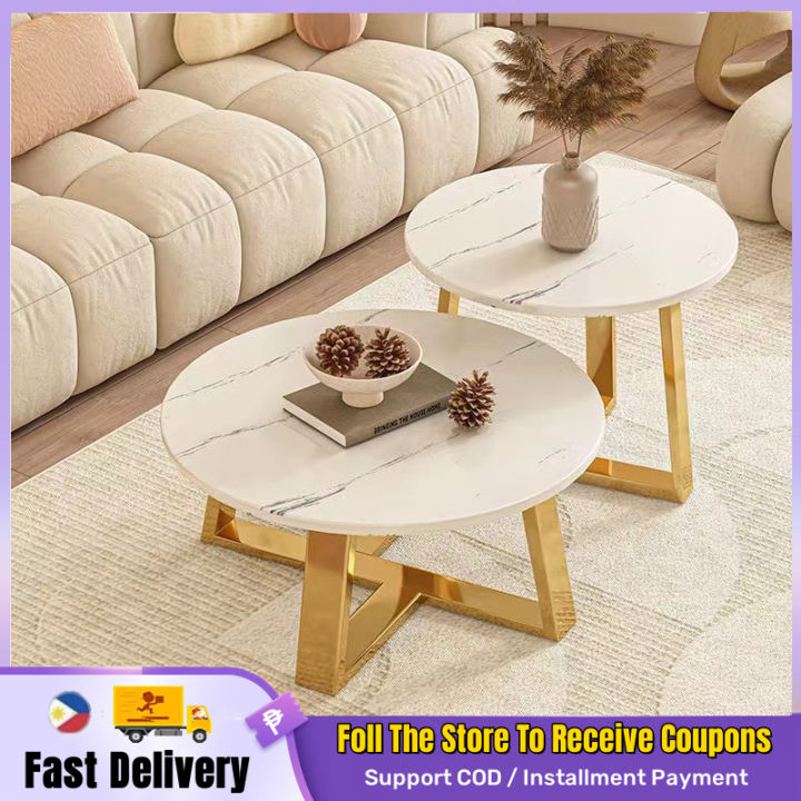 Modern coffee table, round metal center table, double layer, living ...