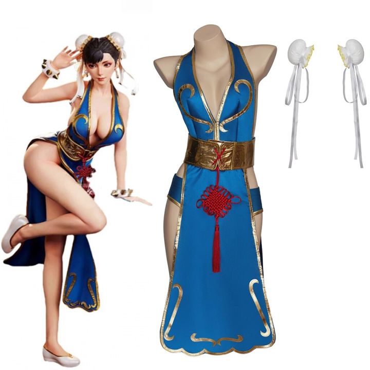 Games Chun Li Cosplay Costume Blue Cheongsam Outfit One Piece Fighter Battle Game Suit Women