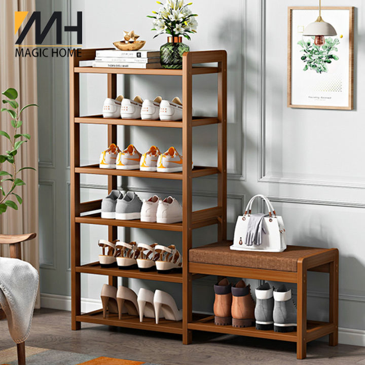 Magic Home Solid Wood Shoe Rack With Stool Modern Nordic Multi-Layer ...