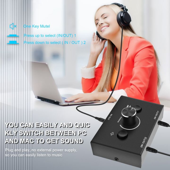 (UFEM) 3.5mm 2 Input 1 Output/1 Input 2 Output Audio Splitter Switcher One-Key Mute Button ...