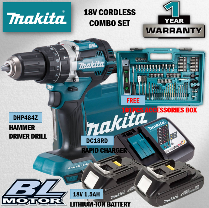 MAKITA DHP484Z 18V Cordless Hammer Driver Drill 13MM (1/2") Combo Set ( Free 101Pcs Accessories ...