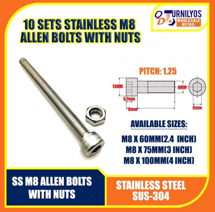 10 SETS STAINLESS ALLEN M8 BOLTS WITH NUTS PITCH 1.25 FULL THREAD ...