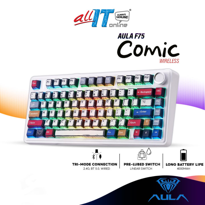 AULA F75 Wireless 75% Mechanical Gaming Keyboard with Comic Keycaps ...