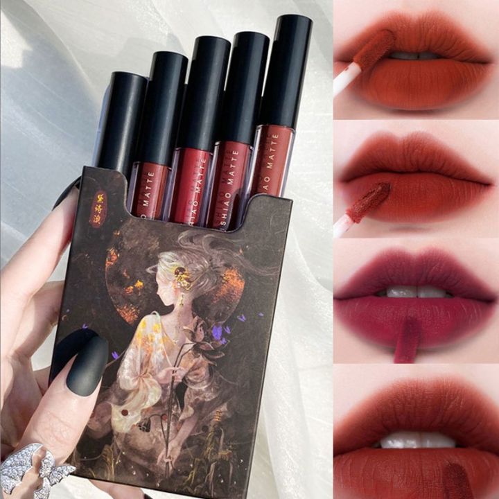 5pcs/set Lipstick Set Retro Red Lipsticks Matte Easy Coloring Set Cheap ...