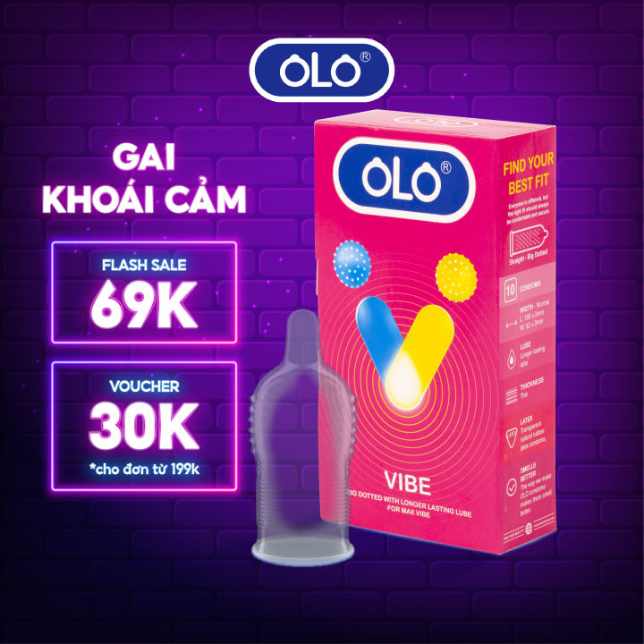 Bao cao su OLO Vibe hộp 10 cái - rung cảm, size 52mm, hương dâu, gai lớn, siêu kéo dài thời gian ...