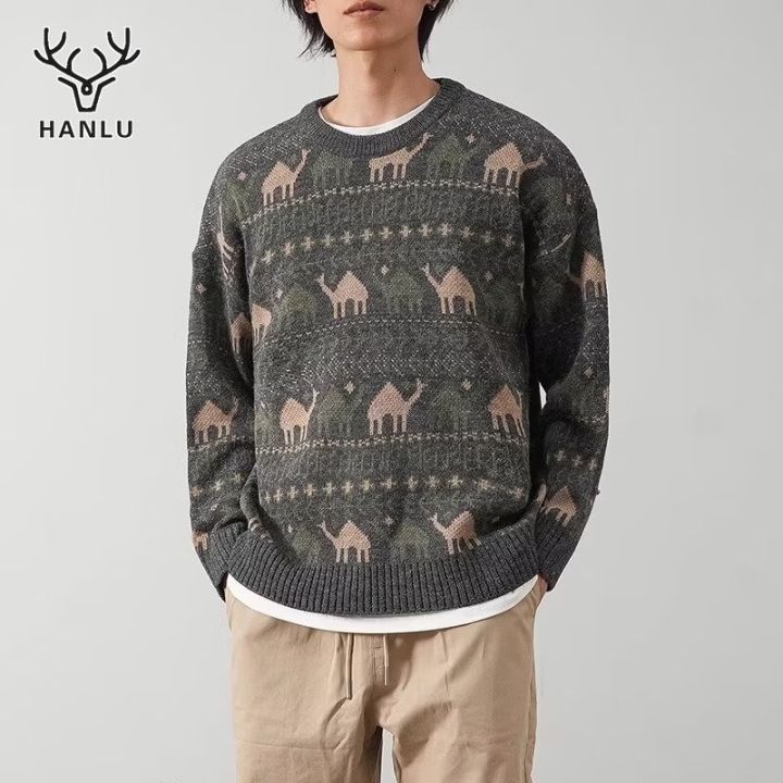 Hanlu เสื้อไหมพรมชาย เสื้อสเวตเตอร์แฟชั่นผู้ชายพิมพ์ลายวินเทจเสื้อกัน ...
