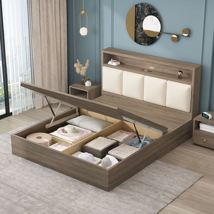 Leather and solid wood Storage Bed Frame Bed Frame with Mattress ...