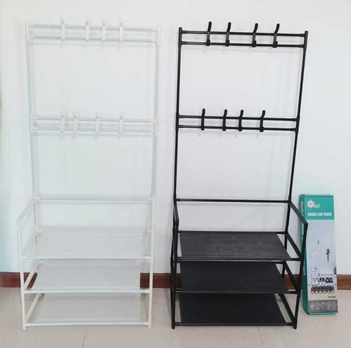 Stand hanger 3 susun Rak sepatu besi gantungan baju jaket topi tas ...