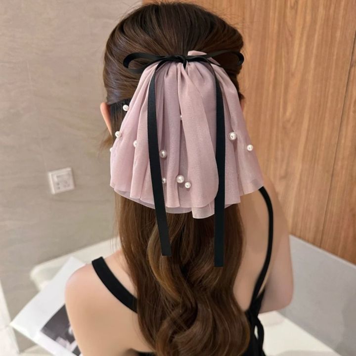 GUDAN ชีฟองผ้าชีฟอง คลิปกรงเล็บริบบิ้นโบว์ ไข่มุกไข่มุก โบว์น๊อต คลิปปู ...