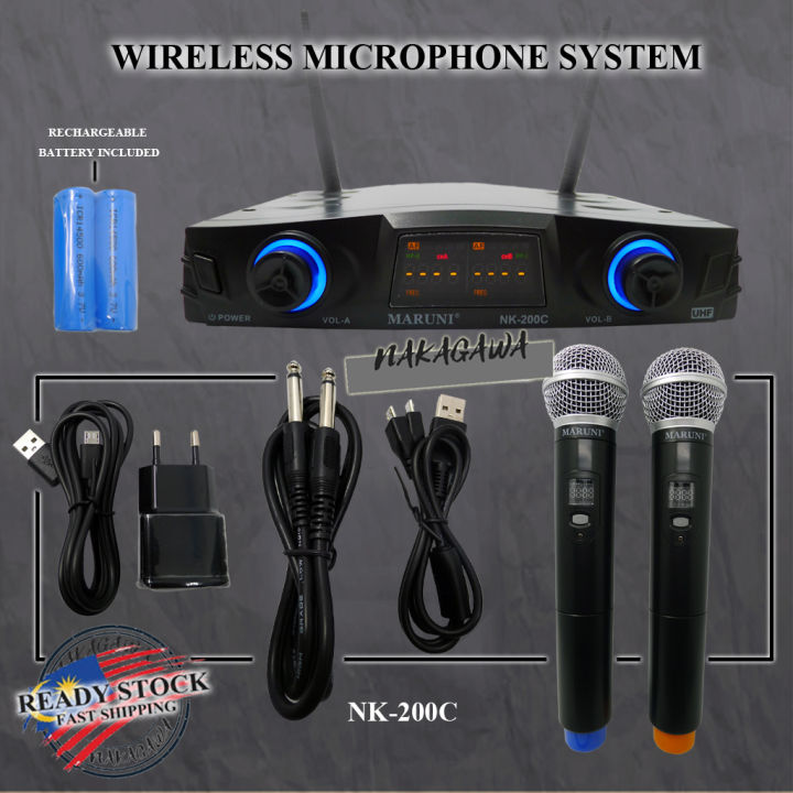 MARUNI NK-200C UHF DUAL CHANNAL SYSTEM WITH TWO HANDHELD CORDLESS MICROPHONE RECHARGEABLE ...
