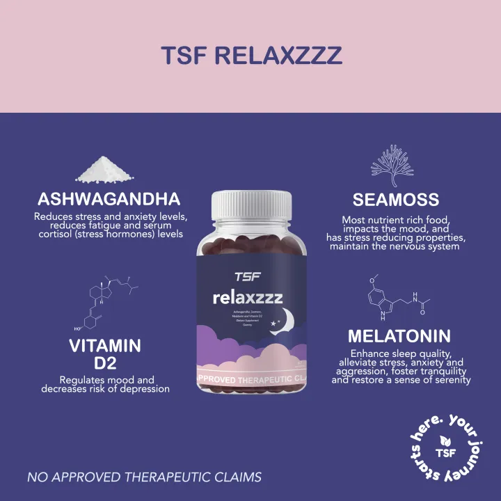 TSF Relaxzzz Gummies - Ashwagandha, Seamoss, Melatonin and Vitamin D12 ...