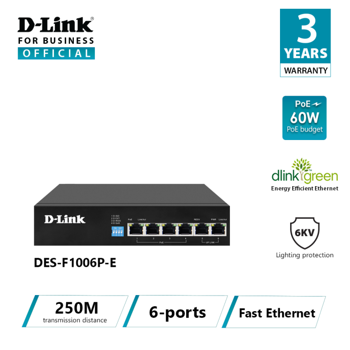 D-Link 250M Distance 6 Port PoE Network Switch with 4 PoE & 2 Uplink ...