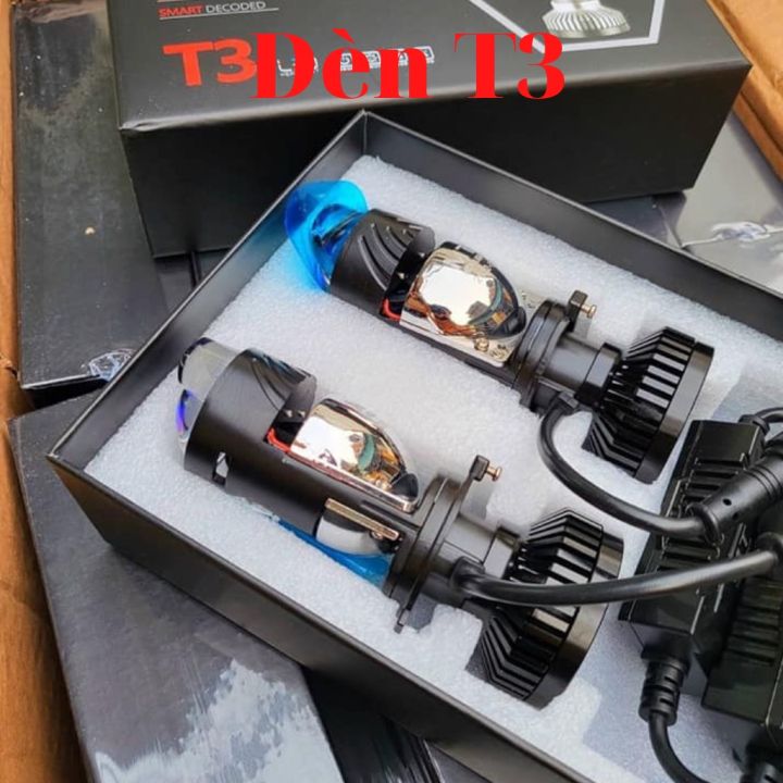 Đèn pha led bi cầu T3 mini chân h4 sáng trắng công suất 50w cos pha siêu sáng lắp cho xe máy, ô ...