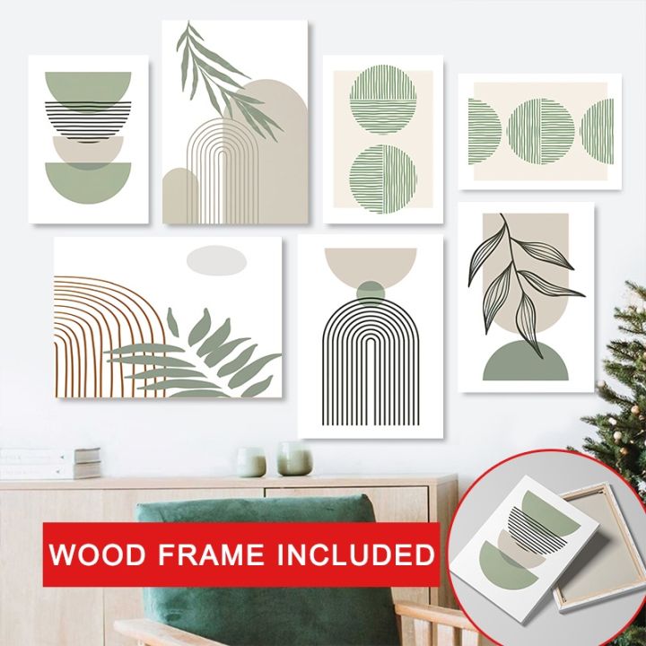 （With Frame）Green Leaf Poster Boho Canvas Painting Abstract Wall Art ...