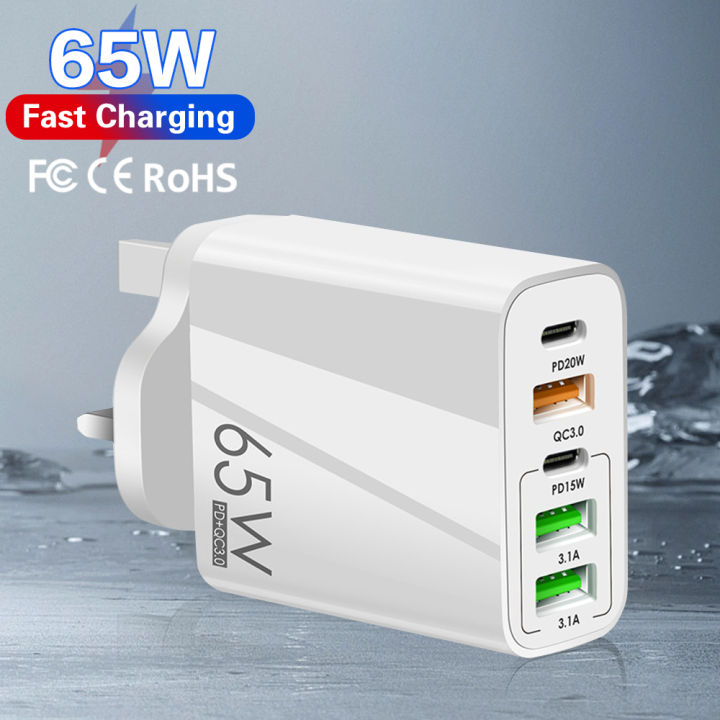 65W USB 3 Pin UK Plug Wall Charger 5-Port Fast Charging Block USB C ...