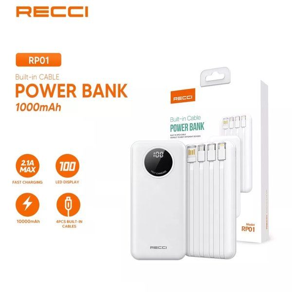 RECCI RP01 - 10000mAh Powerbank - 4 Built-in Cables - Fast Charge 2.1A | Lazada Indonesia