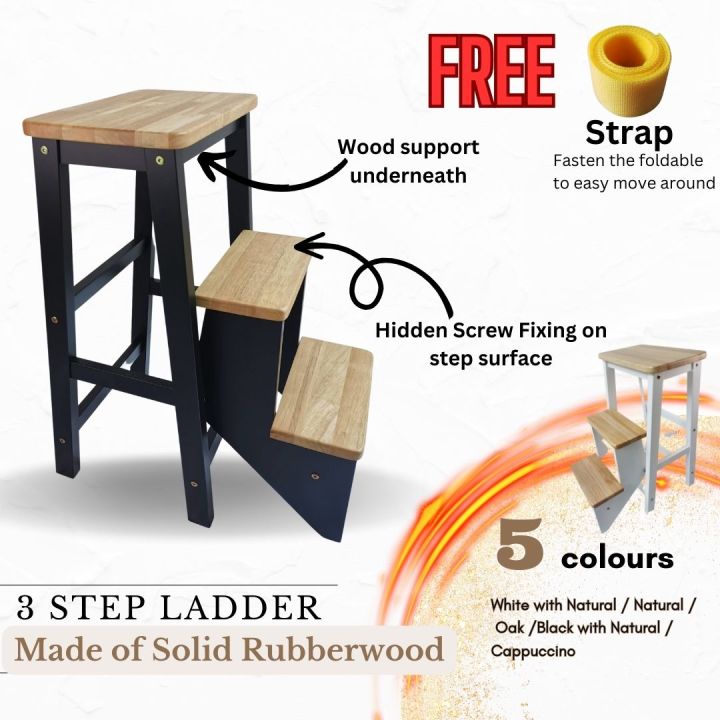 3 Step Solid Wood Step Ladder Stool Chair, Tangga Lipat Tahan Lasak ...
