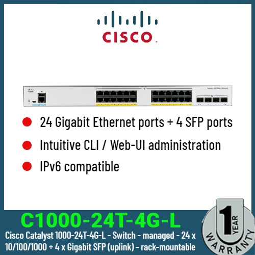 C1000-24T-4G-L Catalyst 1000 Series Cisco Switches 24x 10/100/1000 Ethernet ports, 4x 1G SFP ...