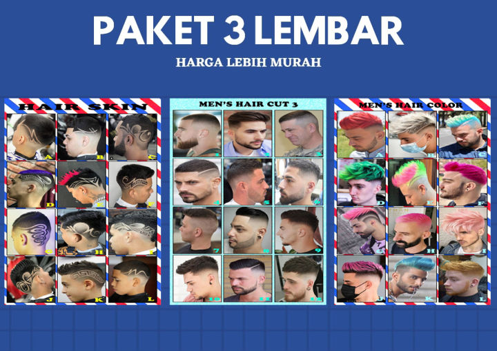 paket 3 lembar Poster Pangkas rambut / Model rambut pria Barbershop ...