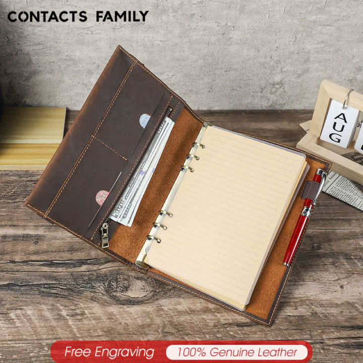 CONTACT'S FAMILY Retro Cowhide Leather Notebook A5 Case with Paper Pen ...