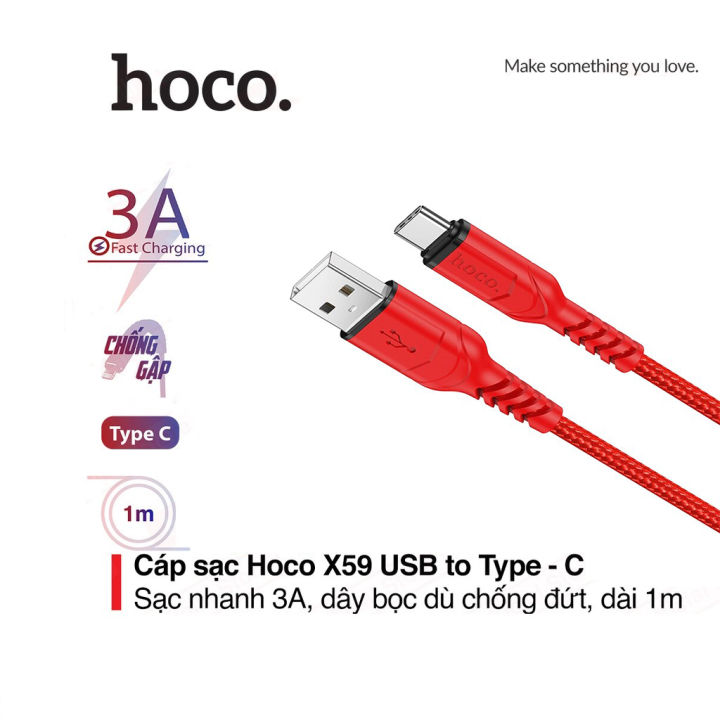 Cáp sạc nhanh 3A Hoco X59 Type-C dây dù siêu bền hỗ trợ truyền Data cho ...