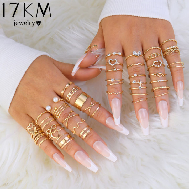 17KM Vintage Heart Cross Butterfly Ring Set Zircon Pearl Gold Rings for ...