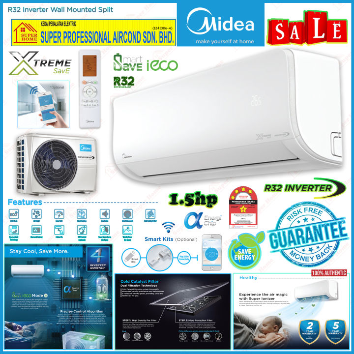 Midea 1.5hp Inverter Aircond MSXS-13CRDN8 ((Xtreme Save)) R32 Inverter Wall Mounted Air ...