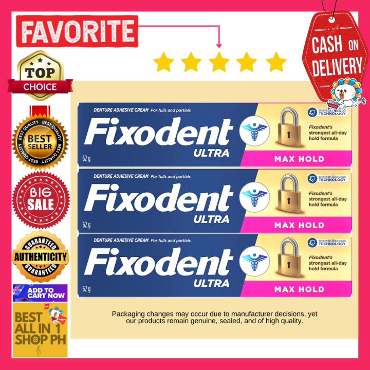 3 PACK Denture Adhesive Cream Fixodent Ultra Max Hold 62g for full and ...
