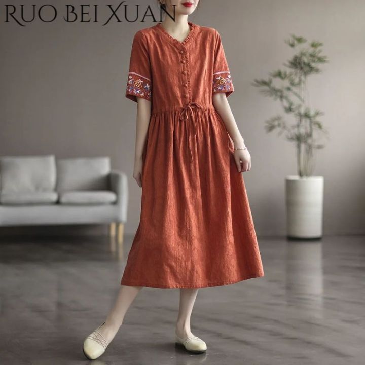 Ruo Bei Xuan เดรสแขนสั้นสำหรับผู้หญิง,ชุดเดรสแขนสั้นผ้าคอตตอนสลิมมี ...