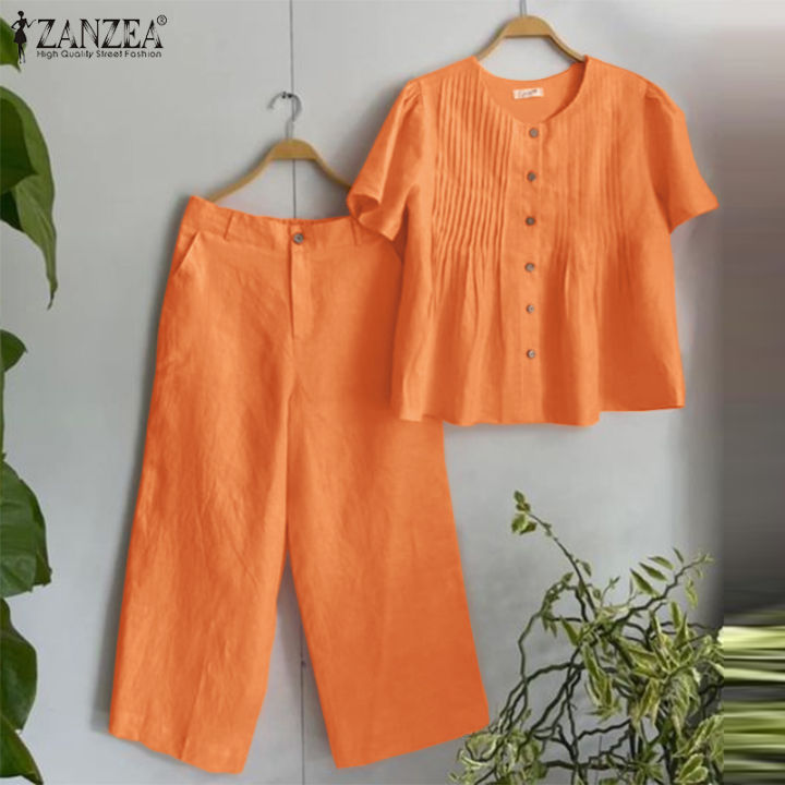 Zanzea Womens 2pcs Suits Casual Short Sleeve O Neck Top Wide Leg Pants