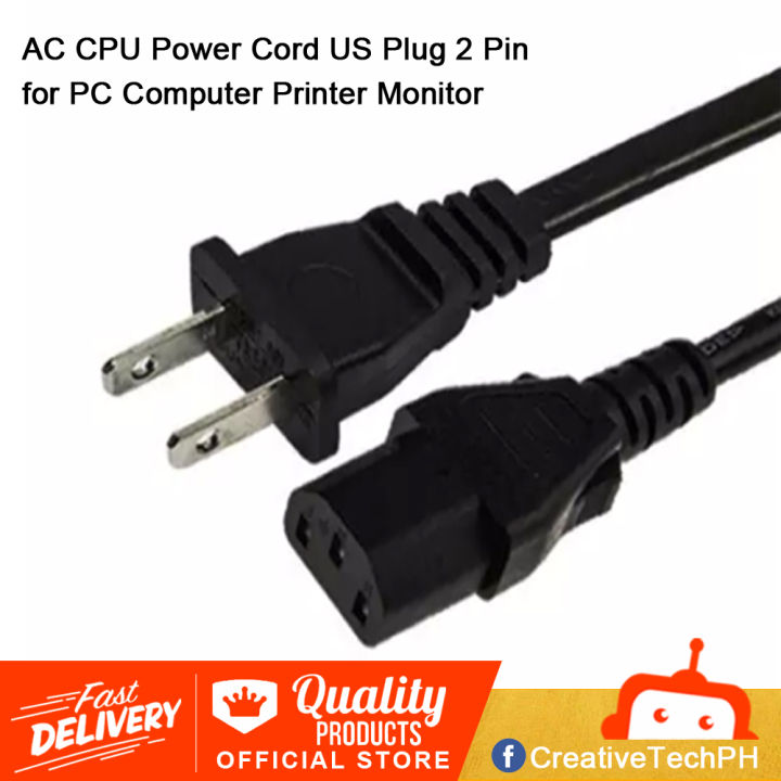 AC CPU Power Cord US Plug 2 Pin for PC Computer Printer Monitor | Lazada PH