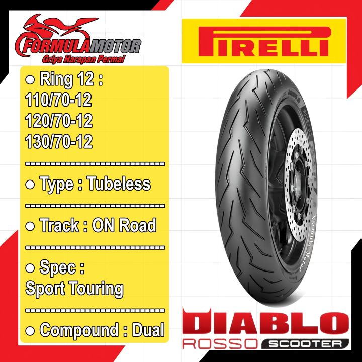 Pirelli Diablo Rosso Scooter Ring 12 Tubeless All Size - Ban Tubles ...