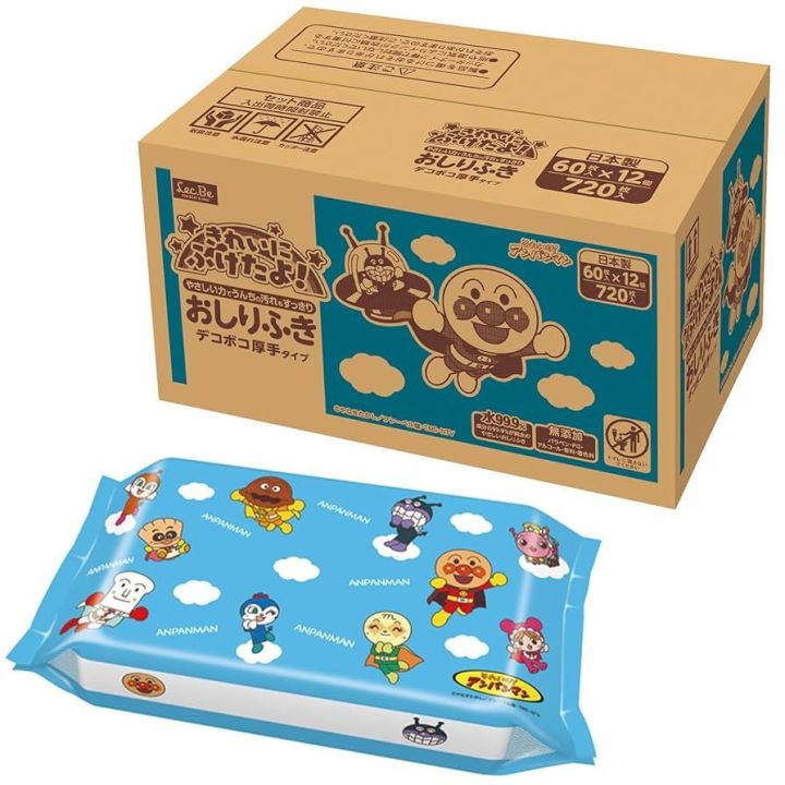 LEC Anpanman 99% Pure Water Wipes, Thick Uneven Sheet, 60 Sheets x 12 ...