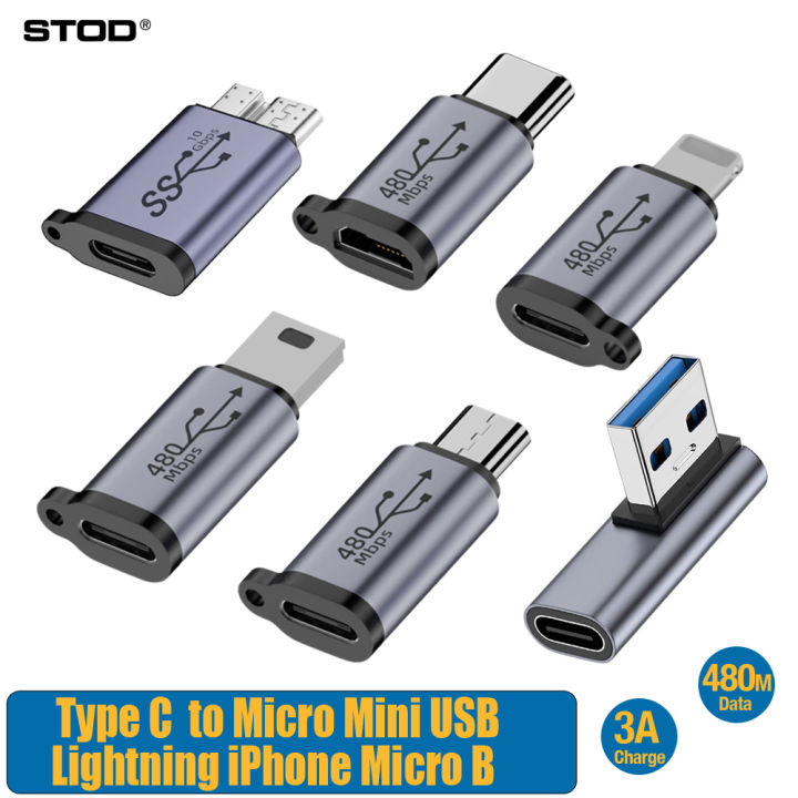 STOD 90 Degree Type c to Micro B Mini USB Adapter Lightning for iPhone ...