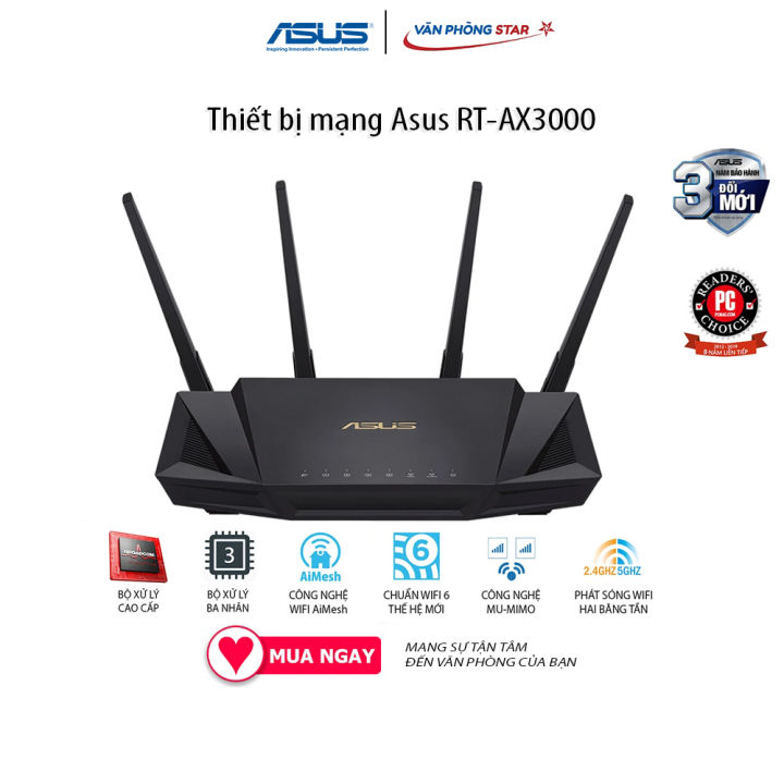 Thiết bị mạng WIFI Asus RT-AX3000 Băng tần hỗ trợ 2.4 GHz / 5 GHz Chuẩn ...